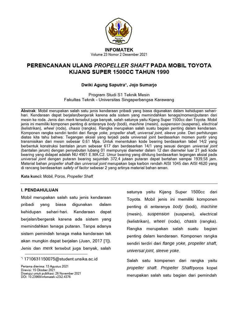 Perencanaan Ulang Propeller Shaft Pada Mobil Toyot-1 | PDF | Teknologi ...