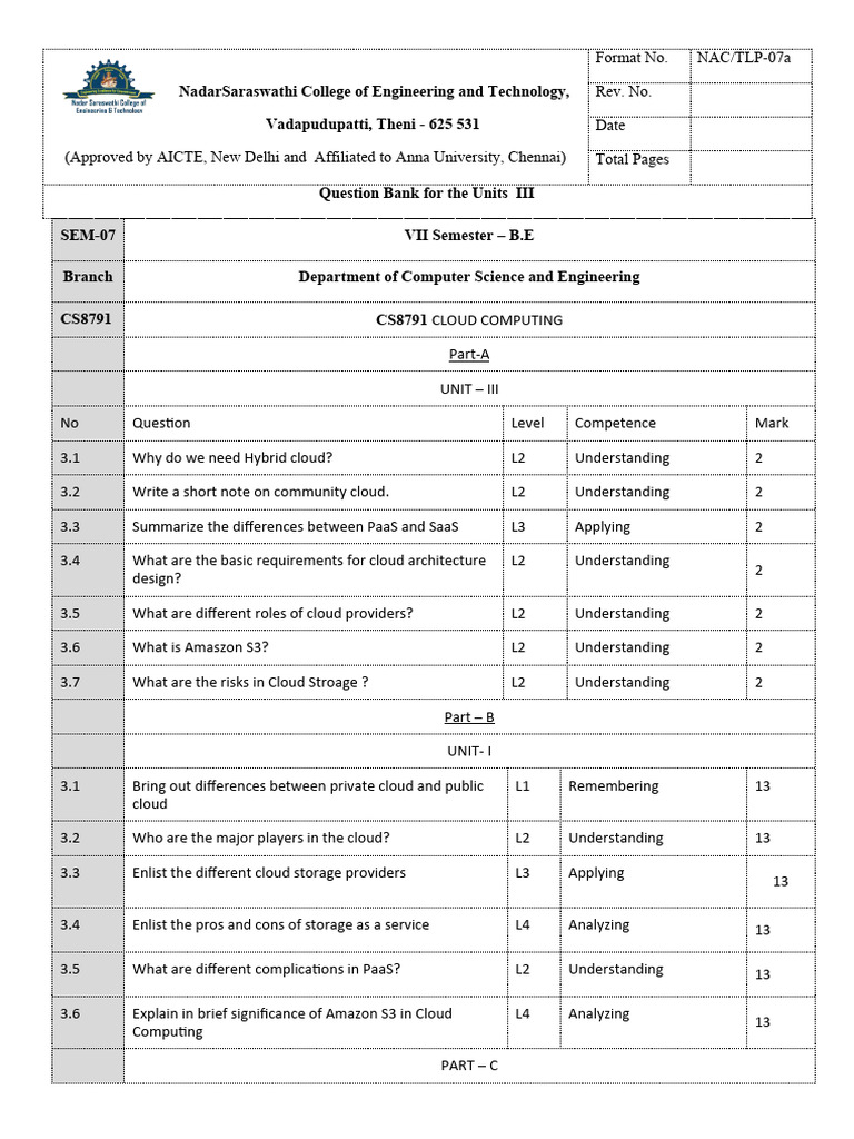 Question Bank III Unit CC | PDF | Cloud Computing | Computer Architecture