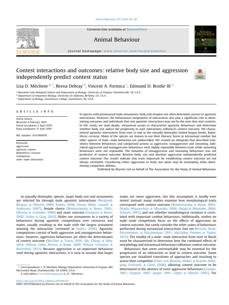 Contest Interactions and Outcomes: Relative Body Size and Aggression ...