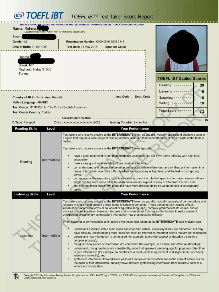 TOEFL Ibt Score Report Malek Rah25 | PDF