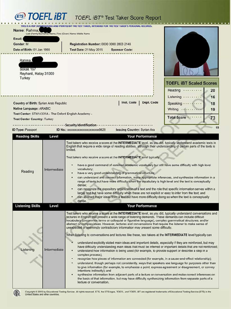 Toefl Ibt Score Report Malek Rahman | PDF