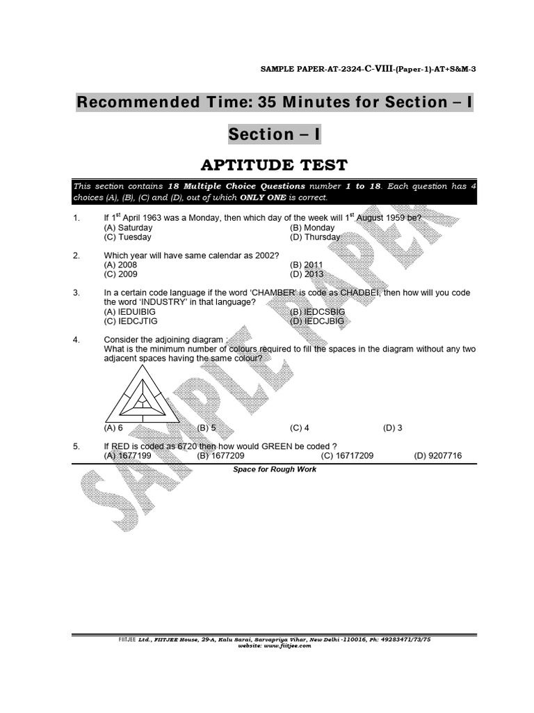 FIITJEE Aptitude Test Sample Paper 2023 | PDF