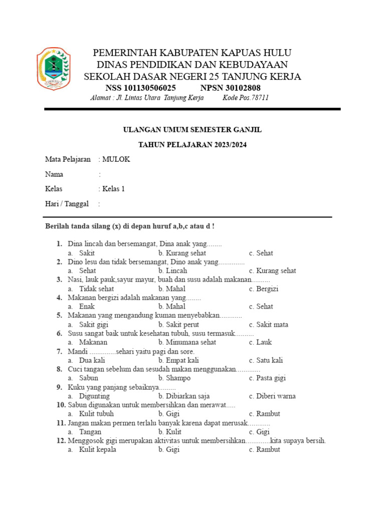 Soal Mulok Kelas 1 Semester 2 | PDF | Memasak, Makanan, & Anggur