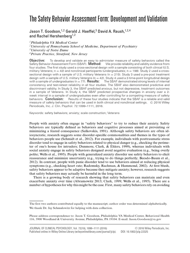 SB - The Safety Behavior Assessment Form - Development and Validation ...