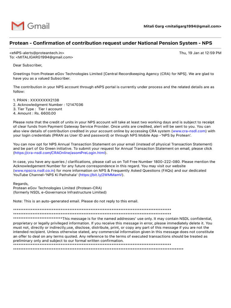 Protean - Confirmation of Contribution Request Under National Pension System - N | PDF ...