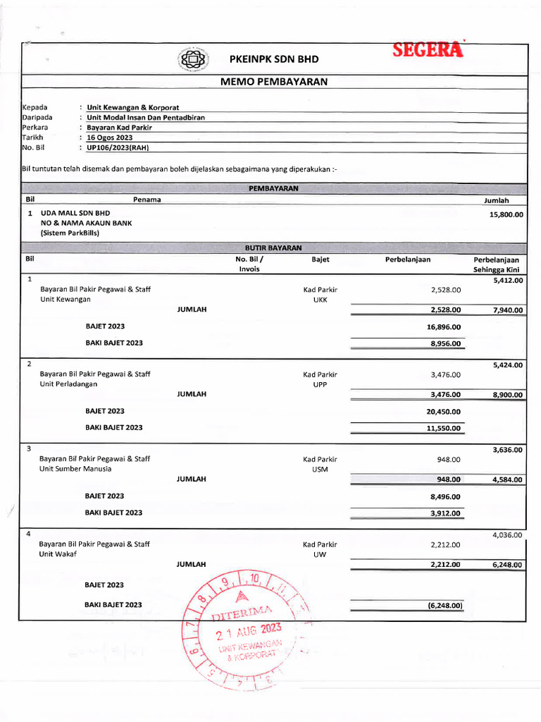 Memo Bayaran 21-08-2023 | PDF