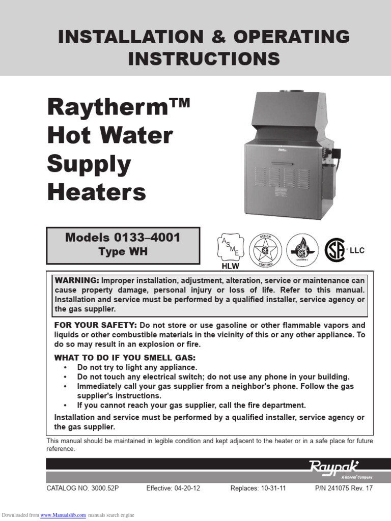 Manual Caldereta RAYPAK Mod 0133-4001 Type WH | PDF | Water Heating | Valve