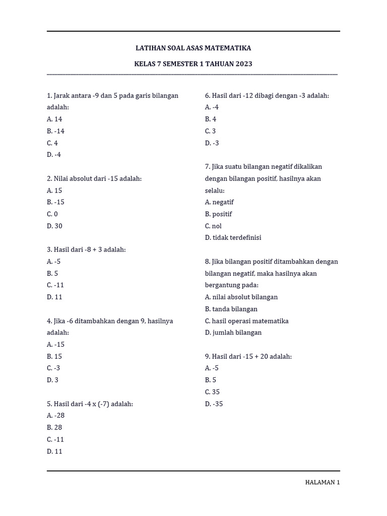 Soal Matematika Kelas 7 | PDF