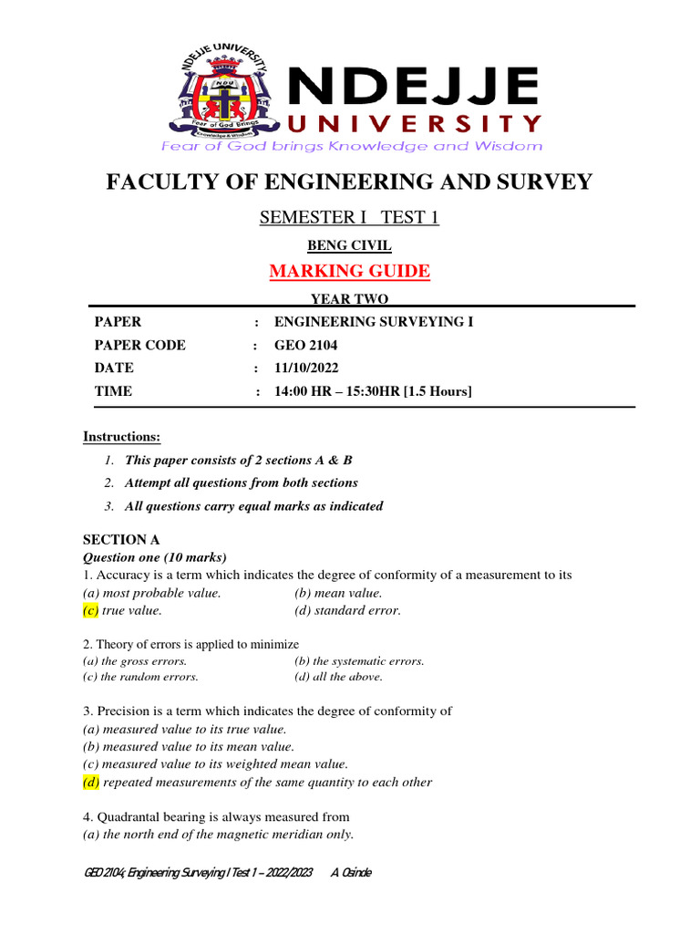 Engineering Surveying I Test 2022/23 | PDF | Surveying | Accuracy And ...