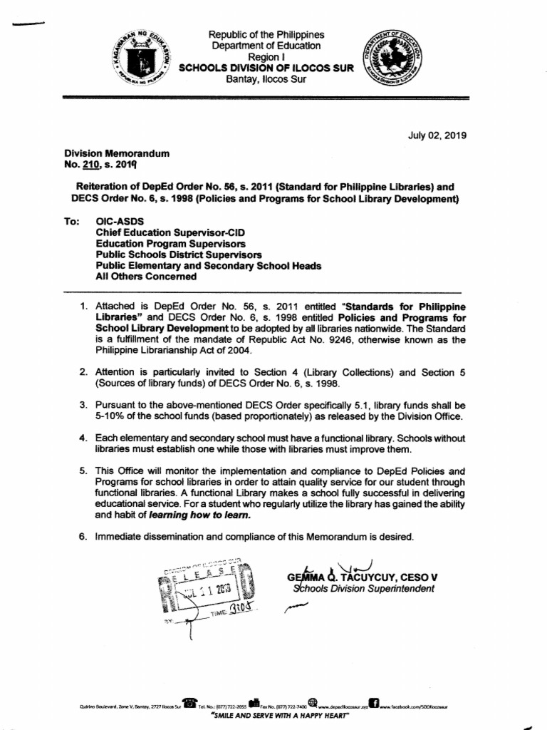 DM No. 210 S. 2019 Reiteration of Deped Order No. 56 S. 2011 Standard ...