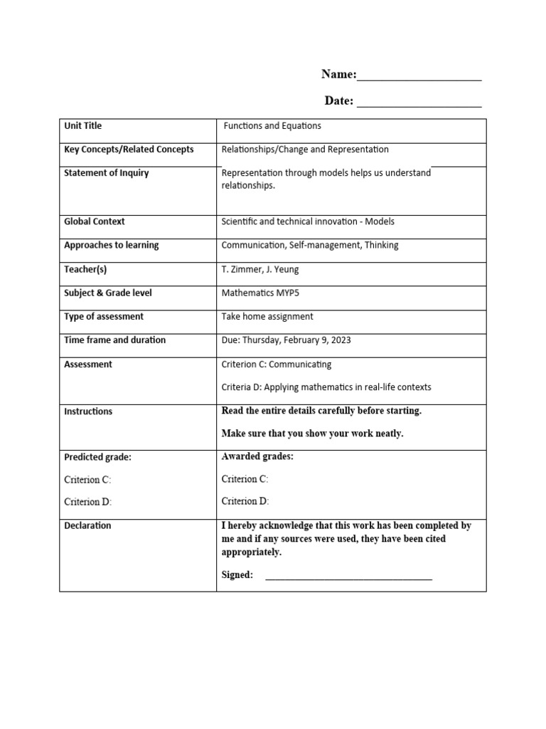 Unit 4 Functions and Equations Assessment C D 2023 | PDF | Function (Mathematics) | Mathematics