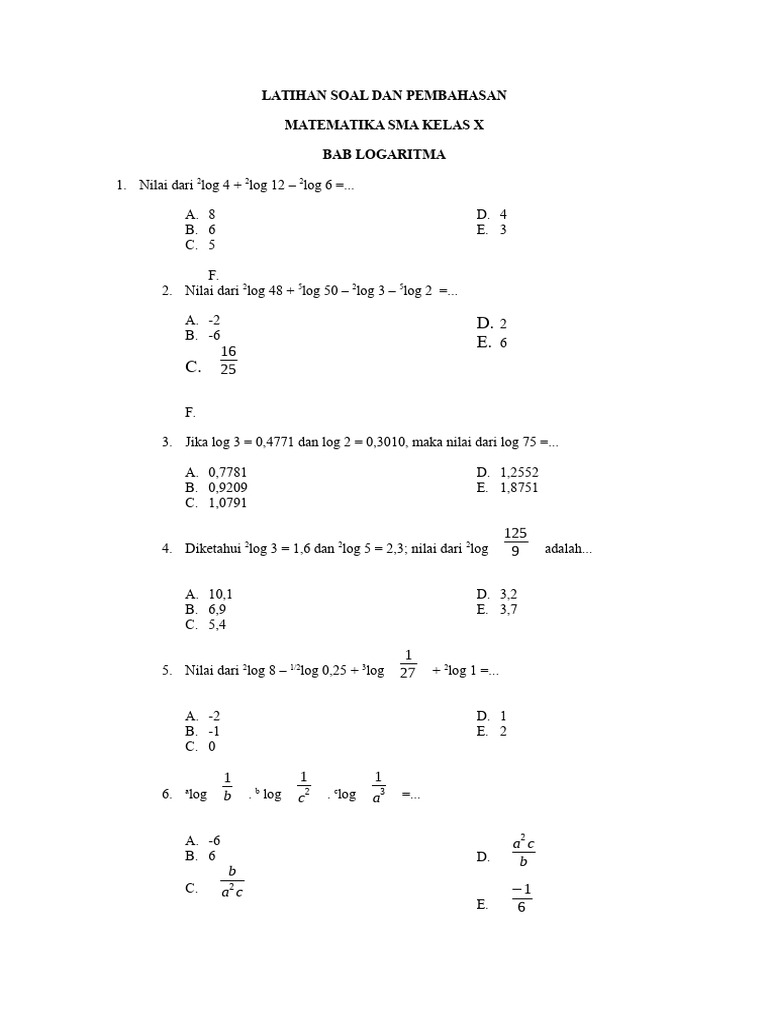 Toaz - Info Soal Dan Pembahasan Logaritma Sma Kelas X PR | PDF