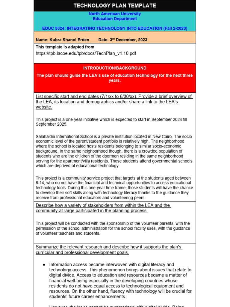 Kubra Shanol Erden Technology Plan | PDF | Educational Technology