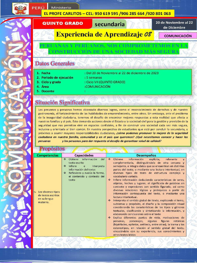 Experiencia de Aprendizaje N°08 - Ciclo Vii - 5to - Comunicacion - 00001 | PDF