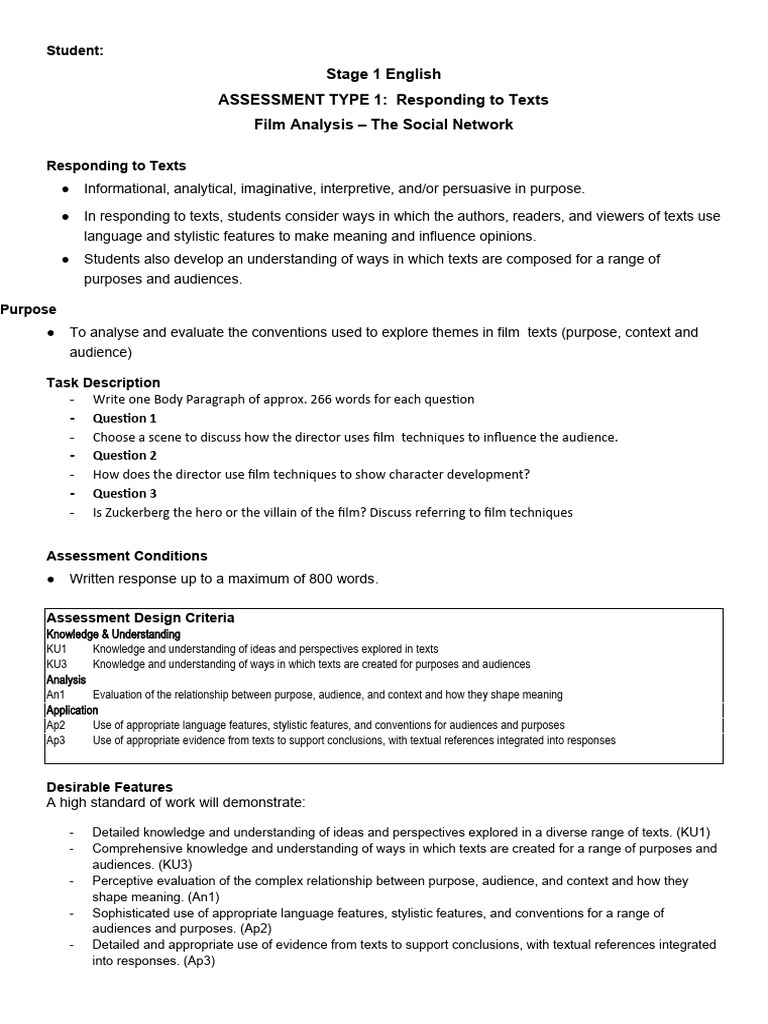 Film Analysis Context SheetThe Social Network Hero Version | PDF ...