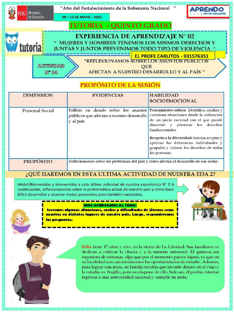 Experiencia de Aprendizaje 02 - Actividad 04 5to Grado Grado - Tutoria | PDF