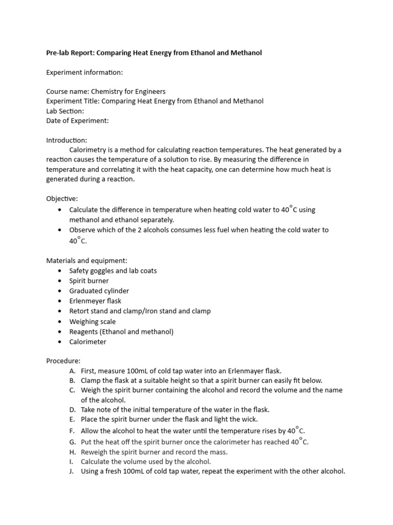 Pre Lab Report Calorimetry | PDF