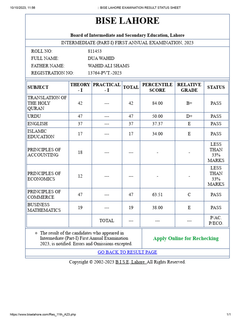 Bise Lahore Examination Result Status Sheet | PDF