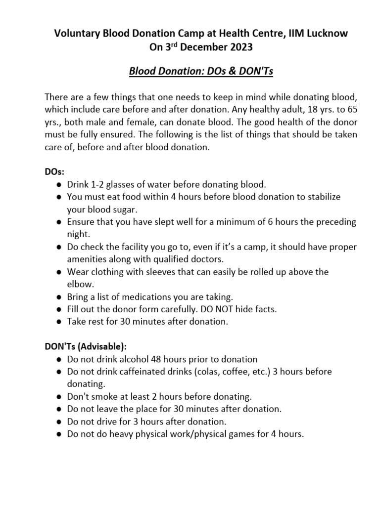 Blood Donation Do's and Don'ts Guide | PDF