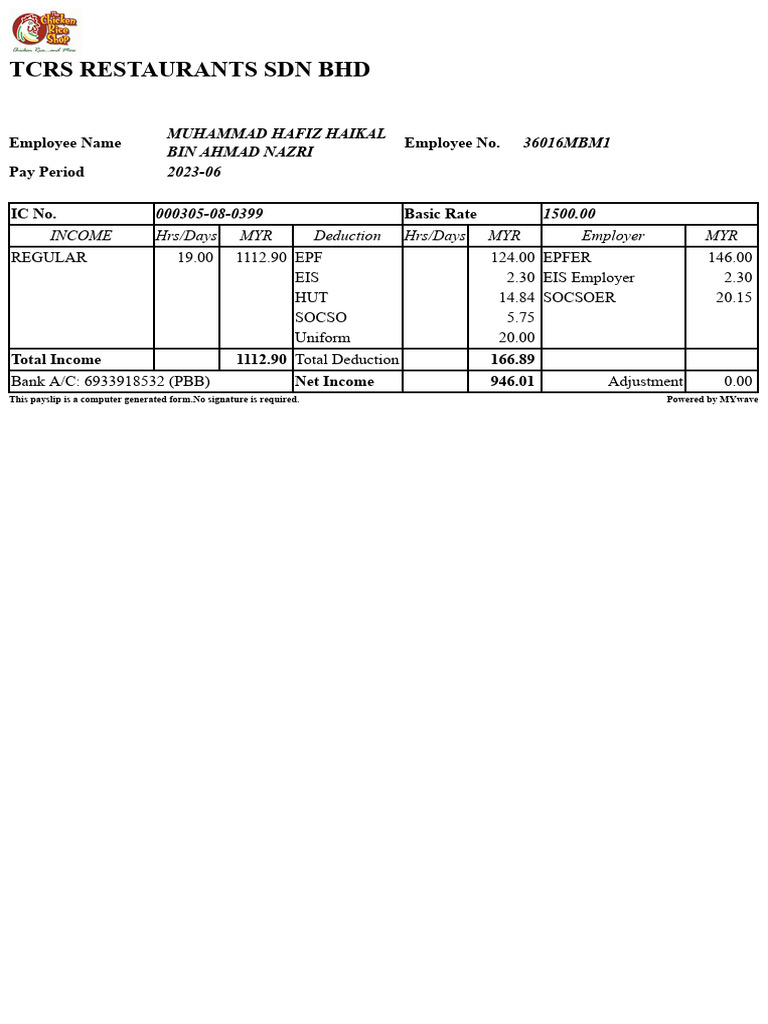TCRS Employee Payslip June 2023 | PDF