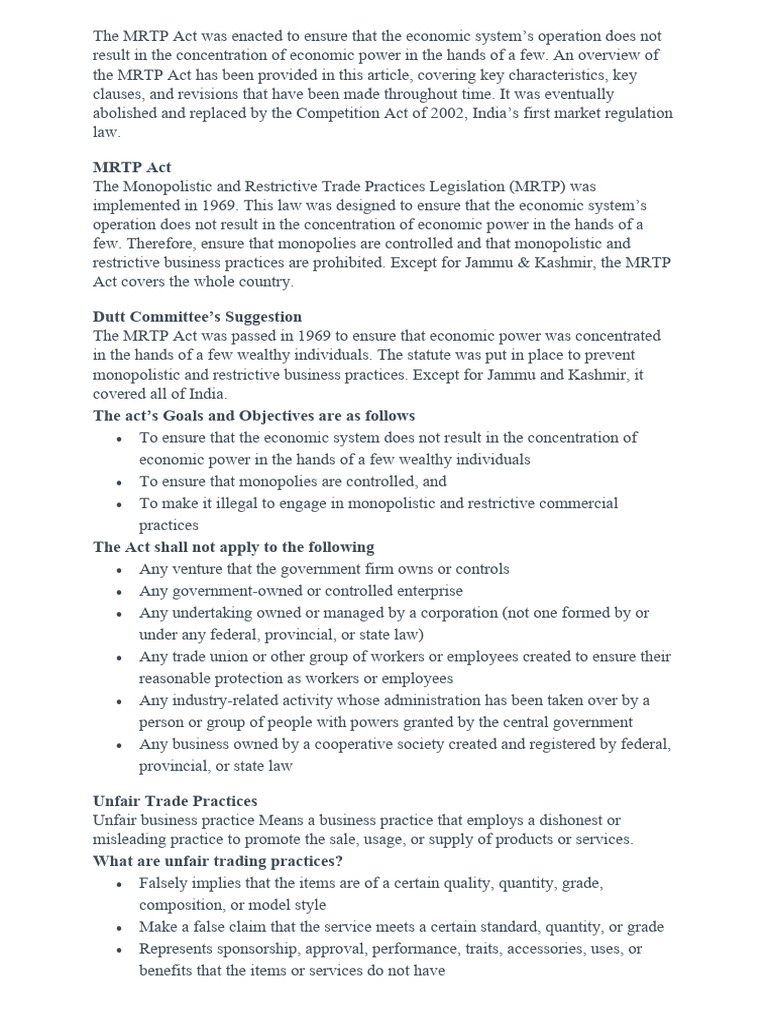 MRTP Act | PDF | Monopoly | Competition Law