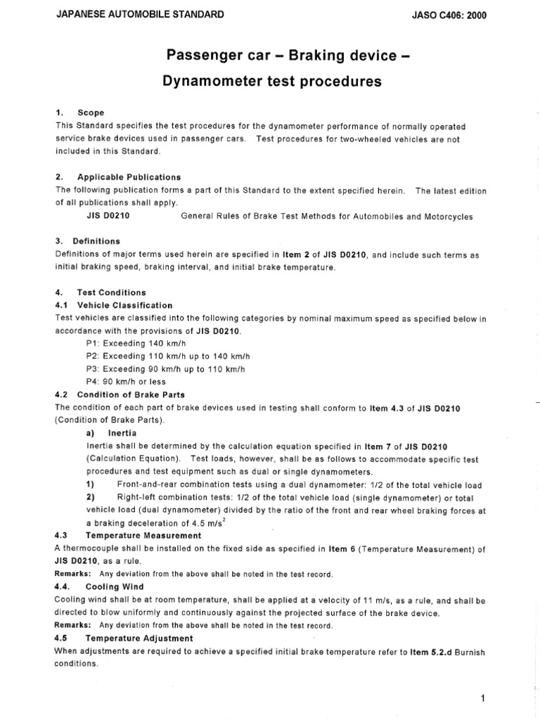 JASO C406 日本乘用车制动台架测试程序 | PDF