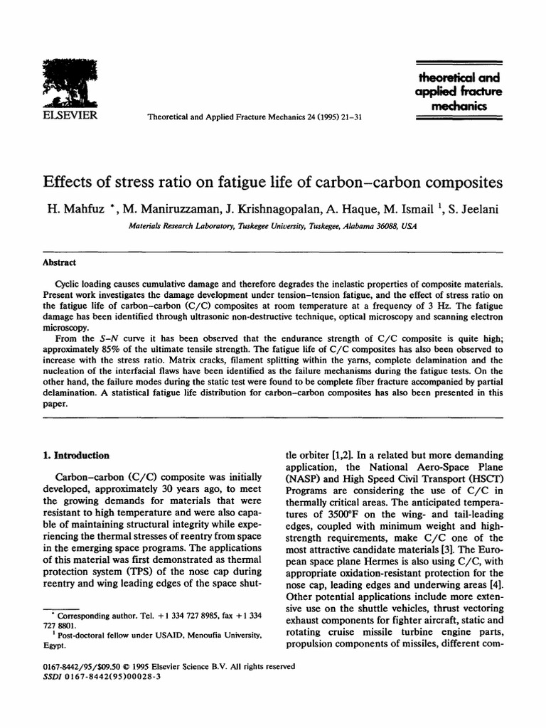 Effects Of Stress Ratio On Fatigue Life Of Carbon Carbon Composites 1995 Theoretical And