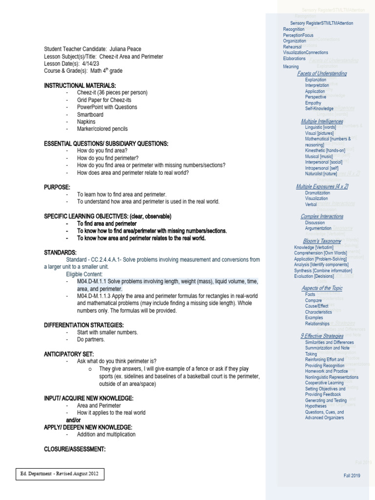 Cheez-It Area and Perimeter Lesson Plan | PDF | Area | Procedural Knowledge