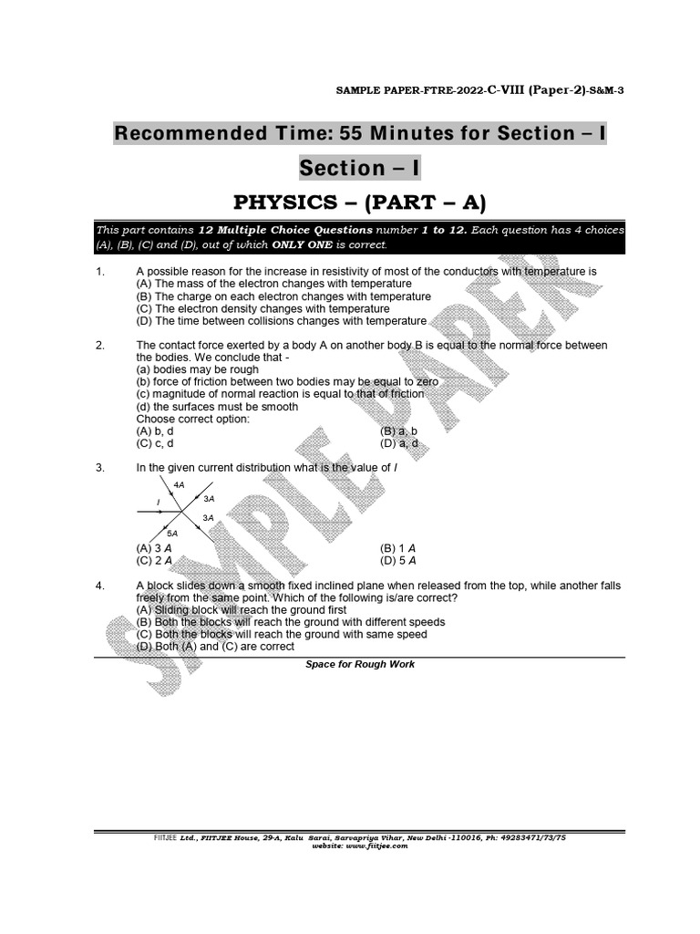 FIITJEE FTRE 2022 Class 8 Physics Sample Paper | PDF | Friction | Electrical Resistivity And ...
