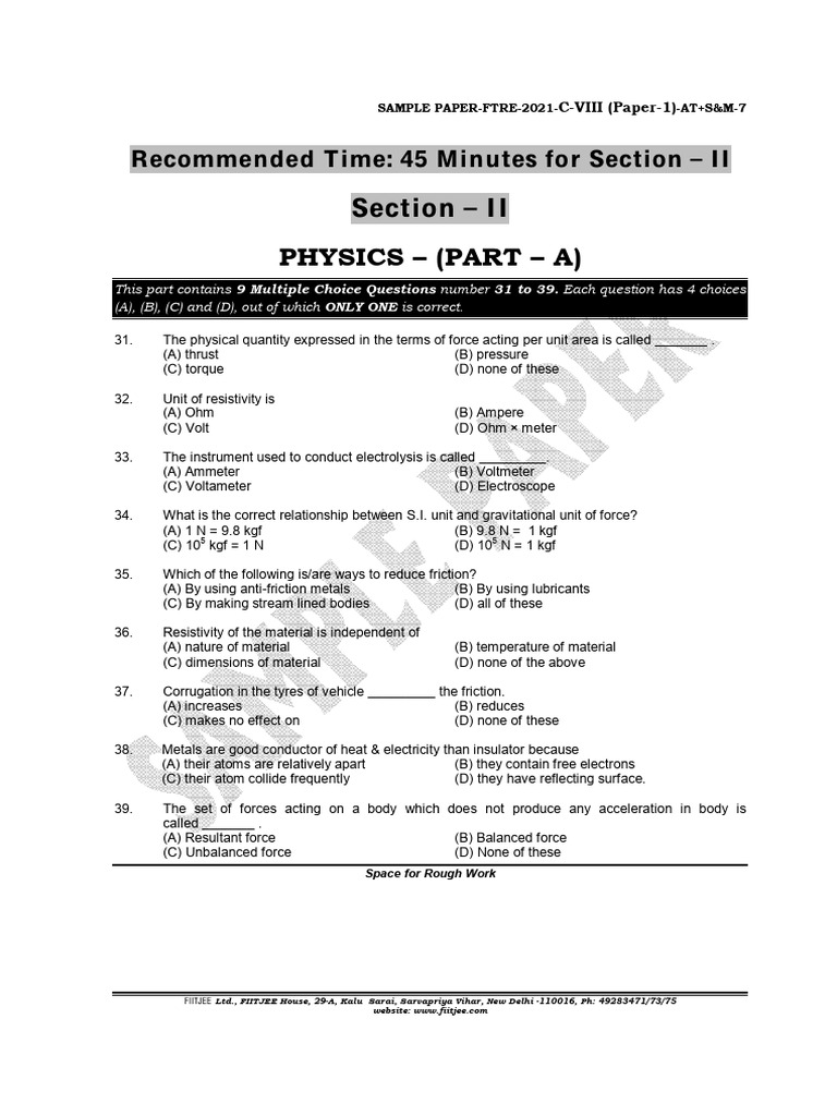Ftre 2021 8th p1 Sample Paper Phy | PDF | Force | Weight