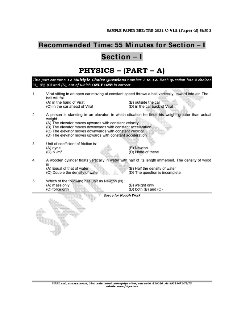 Bbe 2021 8th p2 Sample Paper Phy | PDF | Density | Pressure