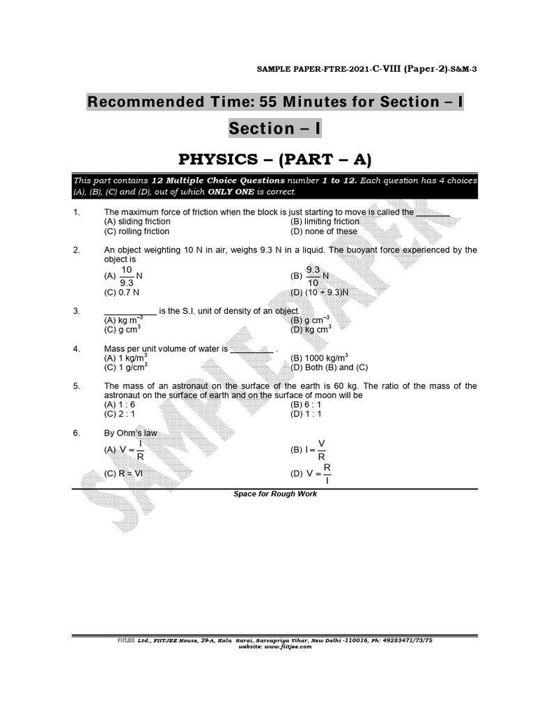 Ftre 2021 8th p2 Sample Paper Phy | PDF | Force | Density