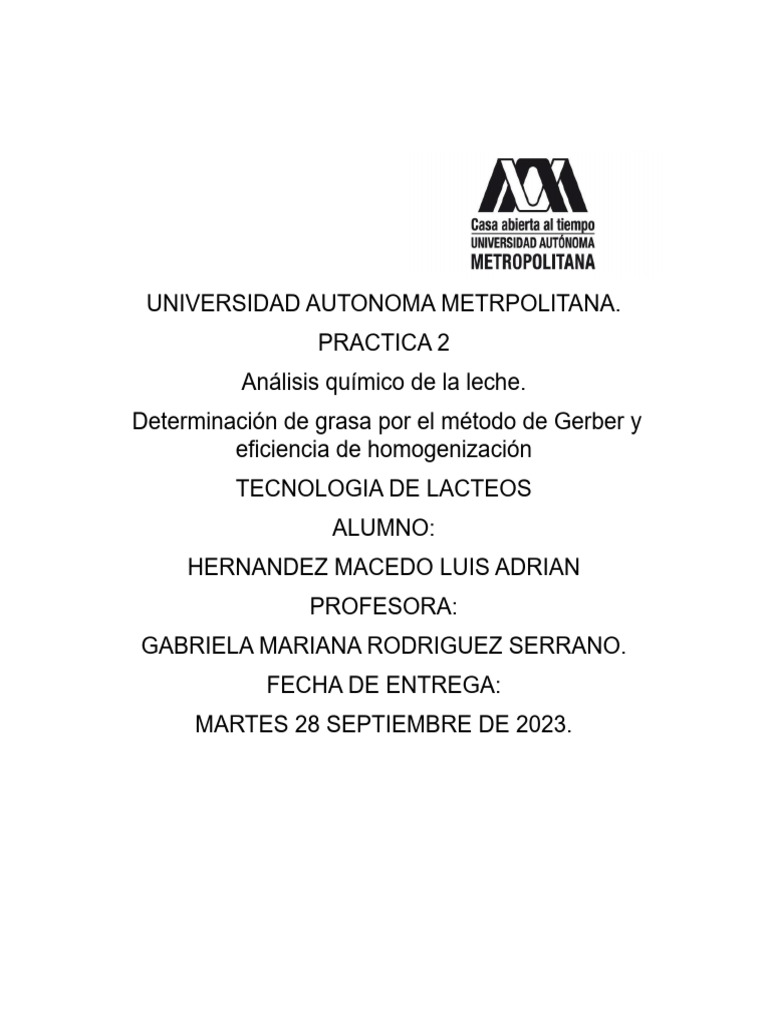 Practica 2 de Tecnologia de Lacteos Luis Adrian Hernandez Macedo | PDF ...