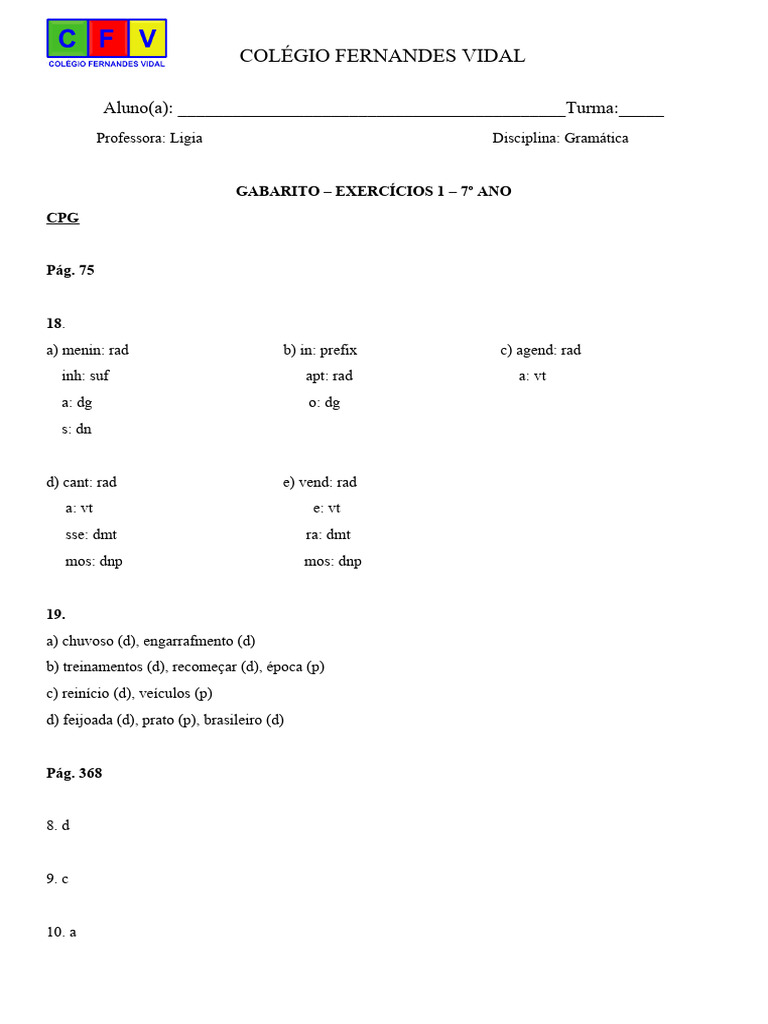Gabarito de Gramática 7º Ano | PDF | Assunto (gramática) | Sintaxe