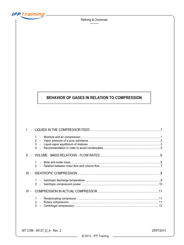 Behavior of Gases in Relation To Compression: 2013 - IFP Training ...