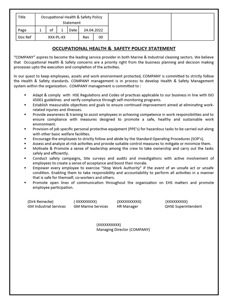 Occupational Health & Safety Policy Statement | PDF | Occupational ...