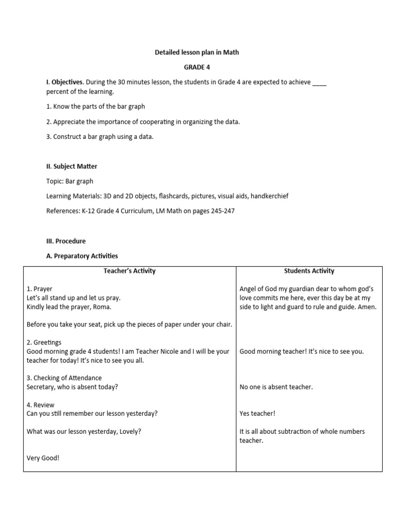 Detailed Lesson Plan in Math | PDF | Subtraction | Chart