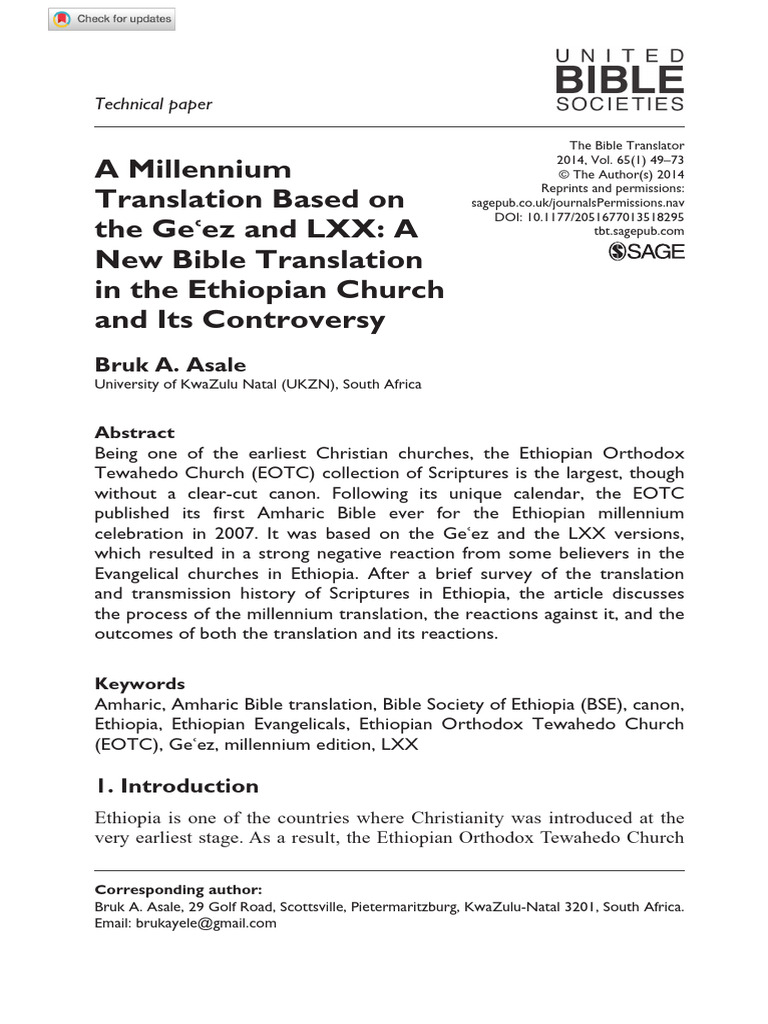 Asale 2014 A Millennium Translation Based On The Ge Ez and LXX A New Bible Translation in The ...