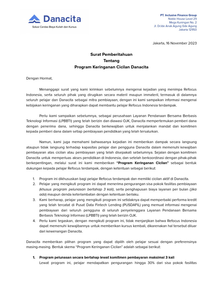 Surat Pengumuman Program Keringanan Cicilan Danacita | PDF