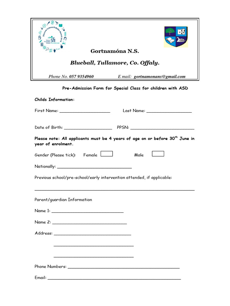 Pre Admission Form | PDF | Autism Spectrum | Abnormal Psychology