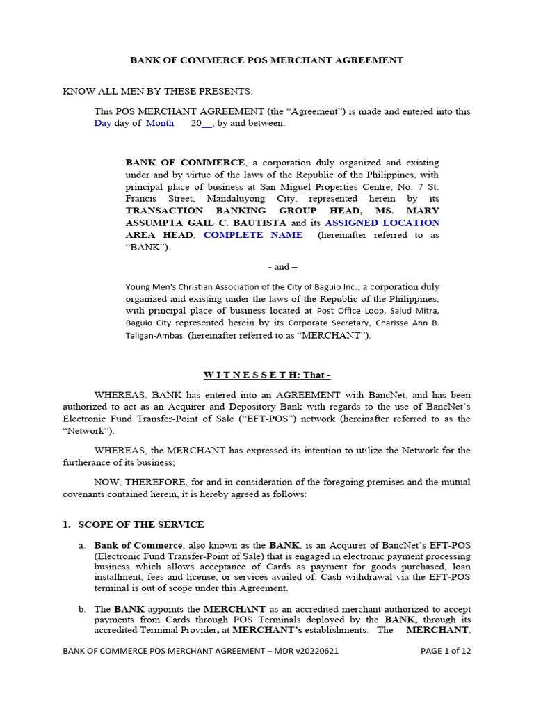 Bank of Commerce Pos Merchant Agreement MDR 2022 | PDF | Debit Card | Banks