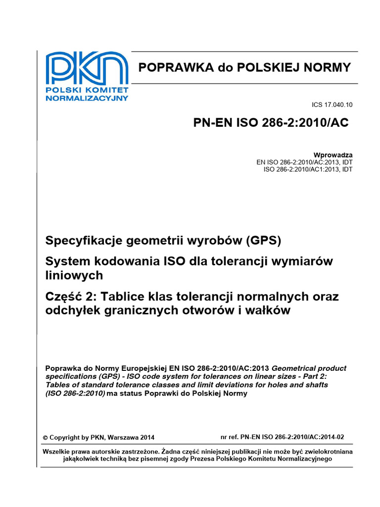 PN en Iso 286 2 - 2010 - Ac - 2014 02e | PDF
