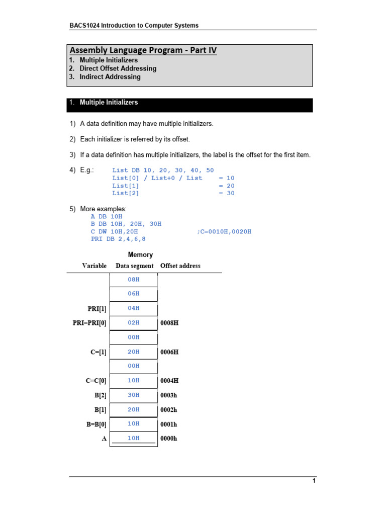 Assembly Language Program - Part IV: 1. Multiple Initializers | PDF ...