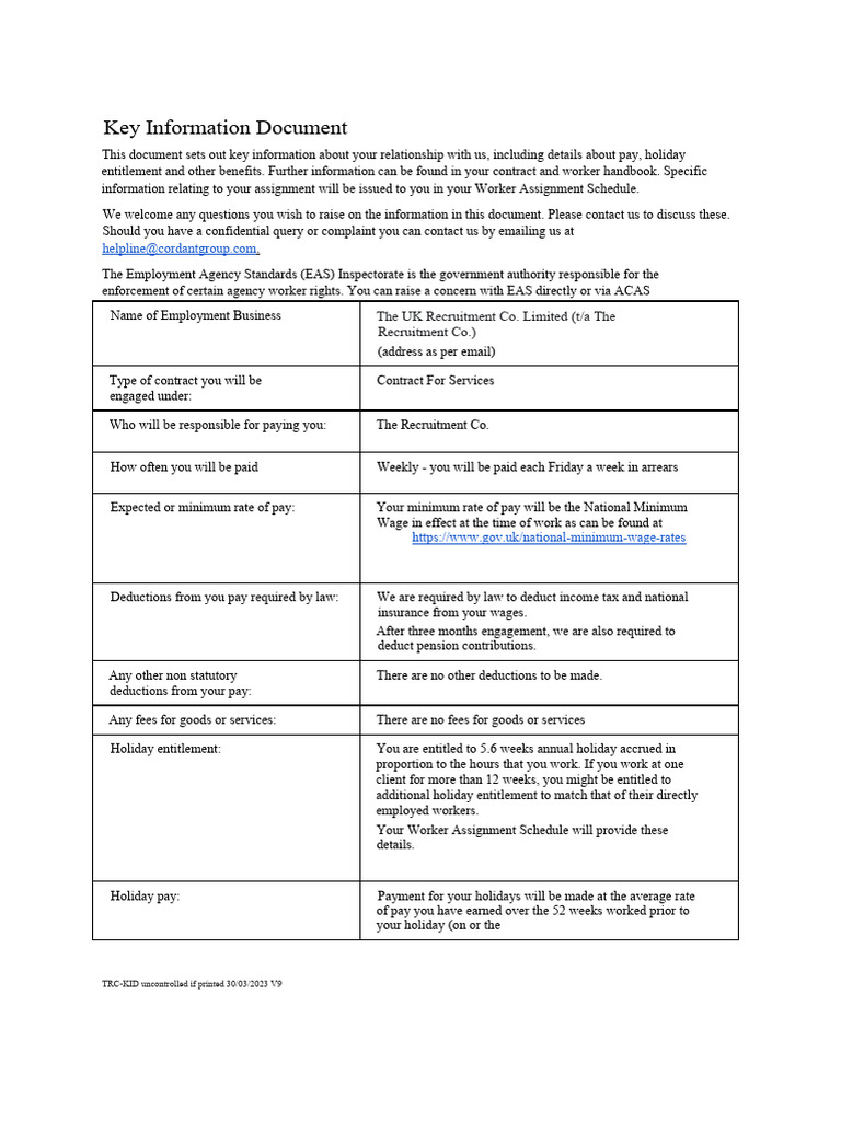 Template Key Information Document PAYE No Deductions V9 | PDF | Tax Deduction | Pension