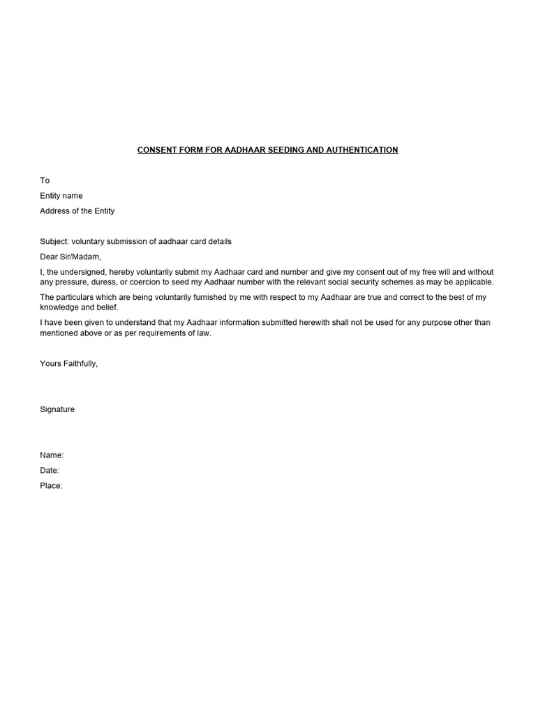 Aadhaar Consent Form | PDF