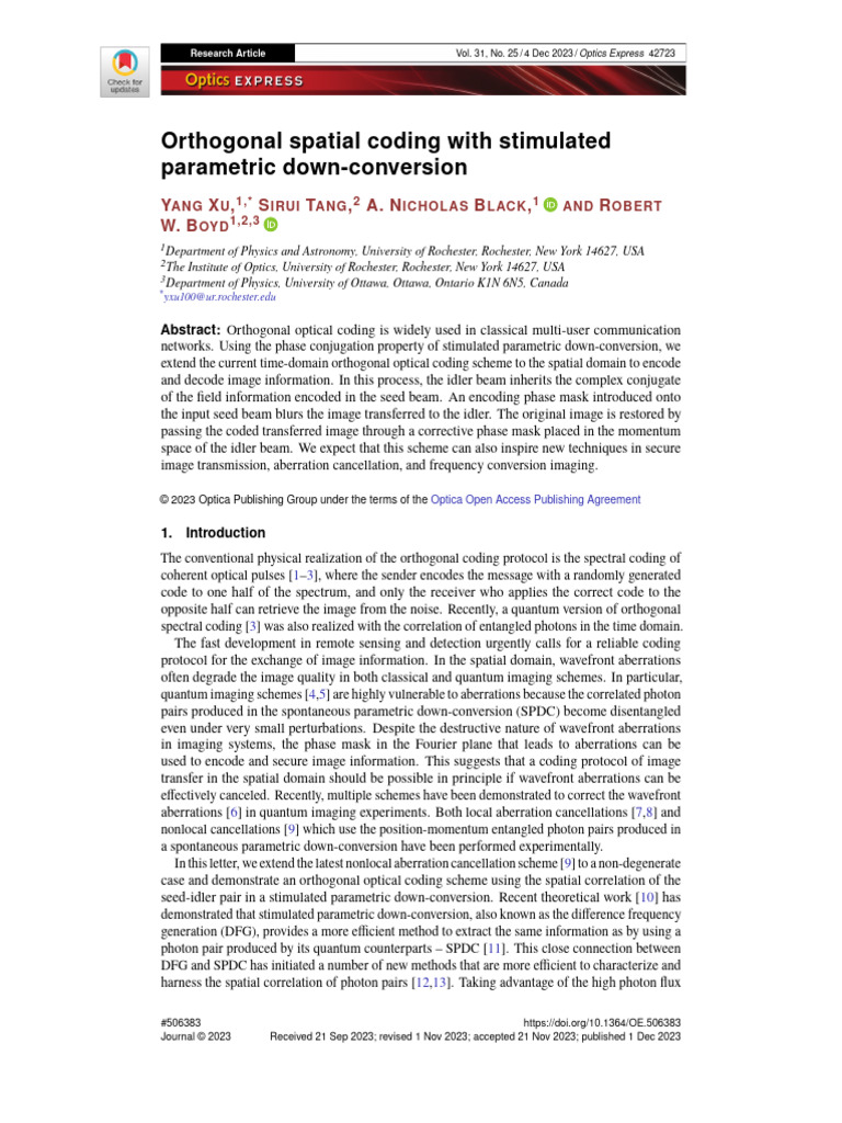Orthogonal Spatial Coding With Stimulated Parametric Down Conversion Pdf Nonlinear Optics