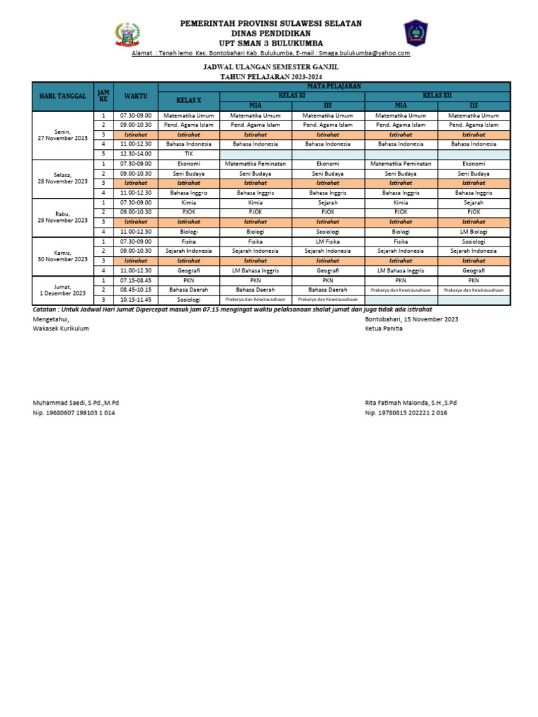 Jadwal Ujian Semester Ganjil TP 2023-2024 | PDF