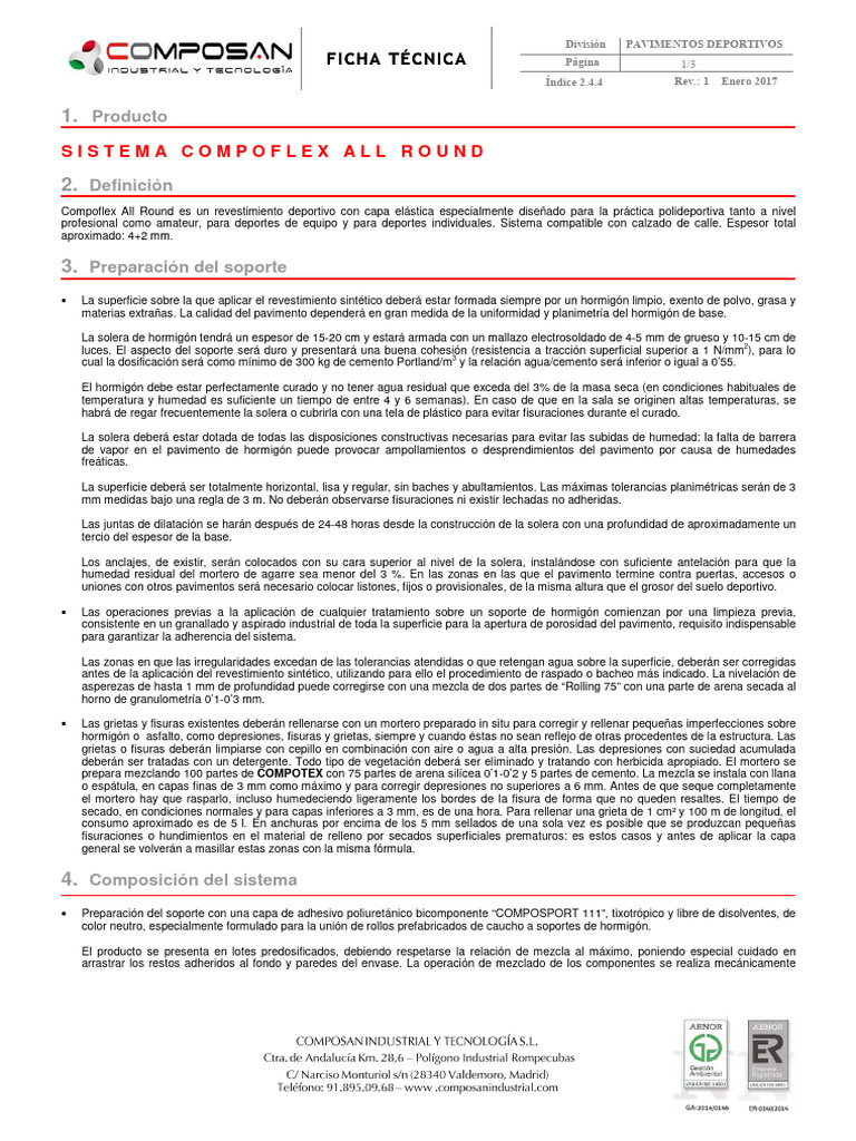 Pavimento Deportivo Compoflex All Round FT 1 | PDF | Hormigón | Cemento