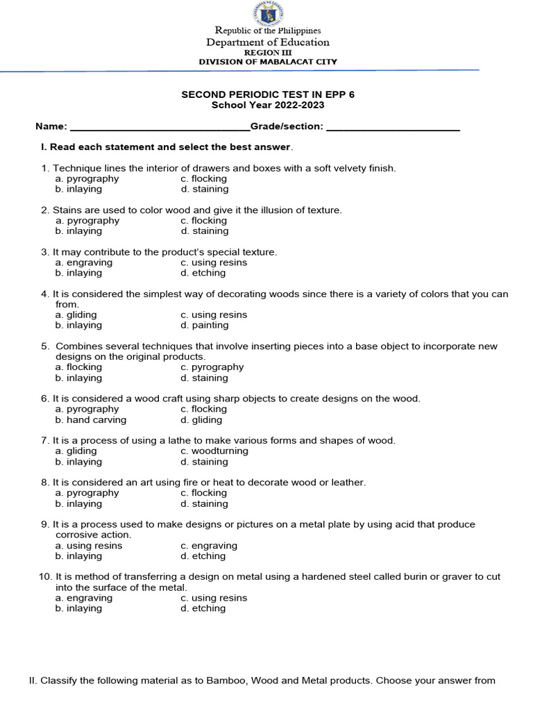 2ND Periodical Test Agri Tle 6 | PDF | Engraving | Etching 2ND Periodical Test Agri Tle 6 | PDF | Engraving | Etching