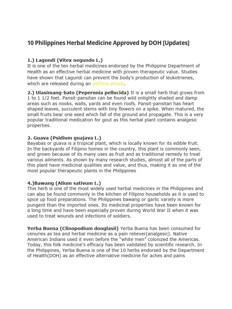 10 Philippines Herbal Medicine Approved by DOH | PDF | Medicine ...